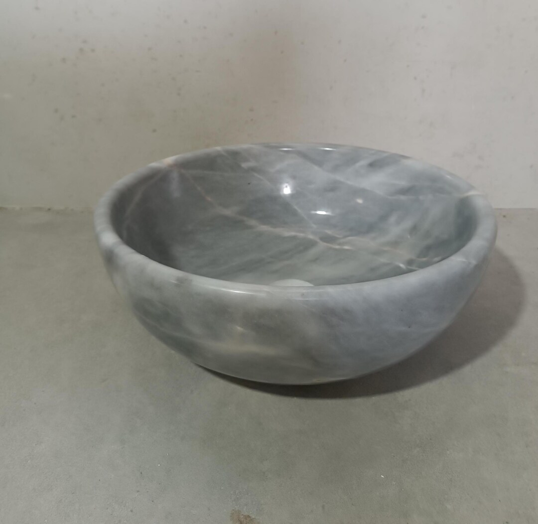 Marble Round Vessel Sink, Natural Stone Round Countertop Sink, Chiseled ...