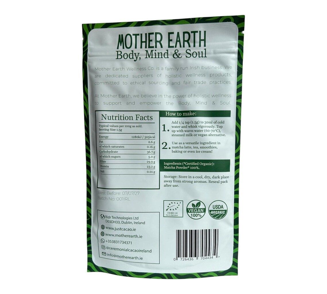 Mother Earth Ceremonial Grade Matcha. Organic, Vegan. (100g) 50 ...
