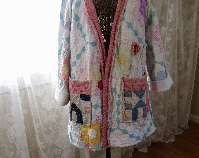 Quilt Jacket Duster Handmade From Vintage Grandmother's Flower Garden Size S-L - Etsy