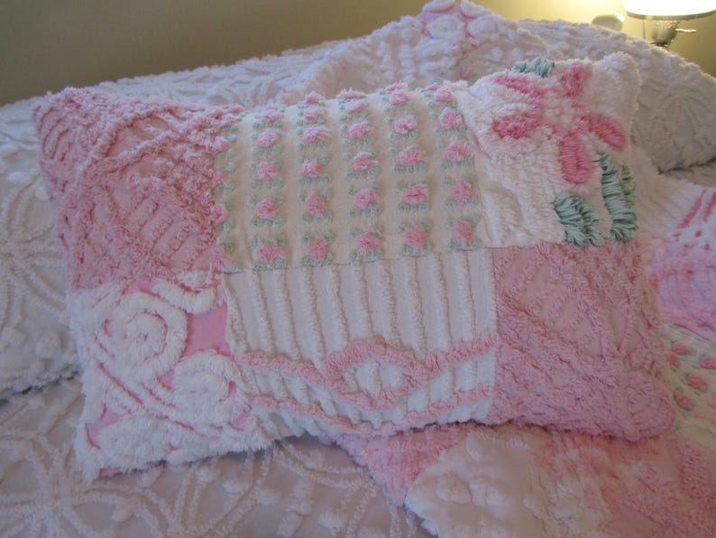 Lumbar Pillow Patchwork Pink Floral White Rosebuds 12 X 18 - Vintage ...