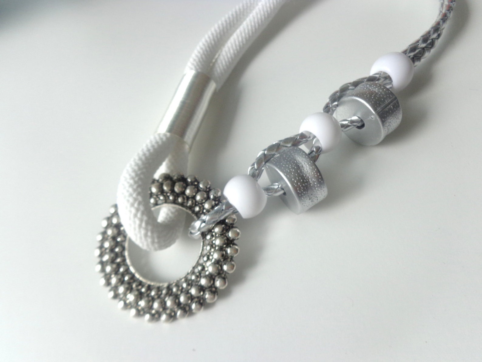 White statement necklace white rope cord silver necklace | Etsy