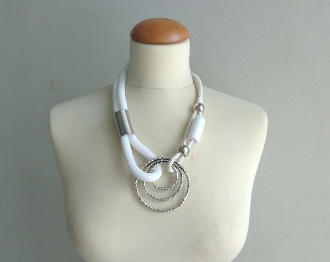 White Statement Necklace White Rope Cord Silver Necklace | Etsy