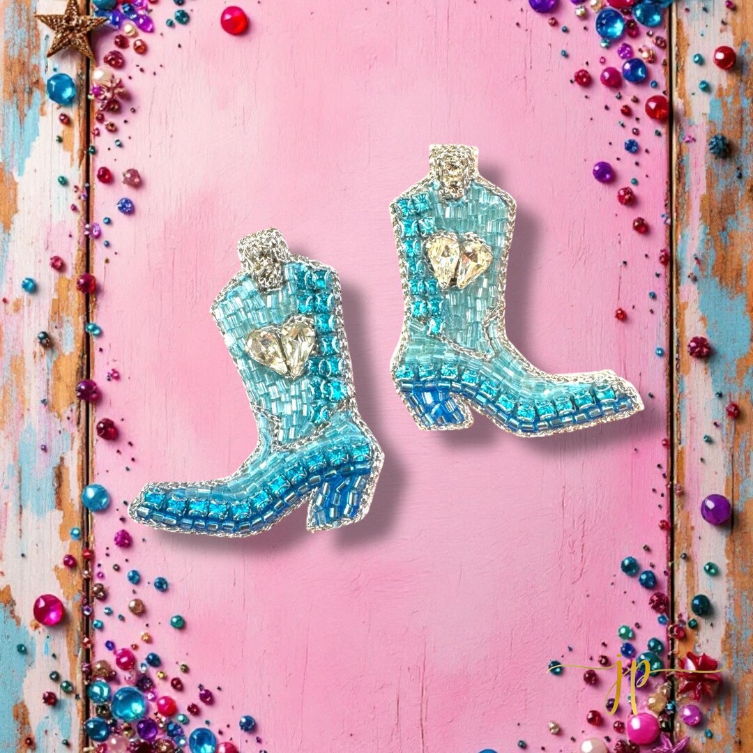 Rodeo Queen Beaded Rhinestone Blue Rodeo Boot Stud Earrings With Hearts ...