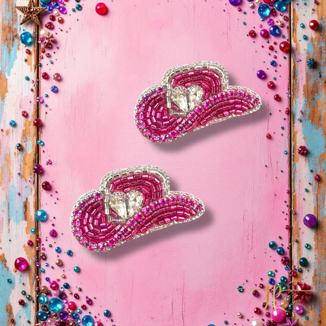 Rodeo Queen Beaded Pink Cowgirl Hat Stud Earrings With Hearts | Rodeo ...