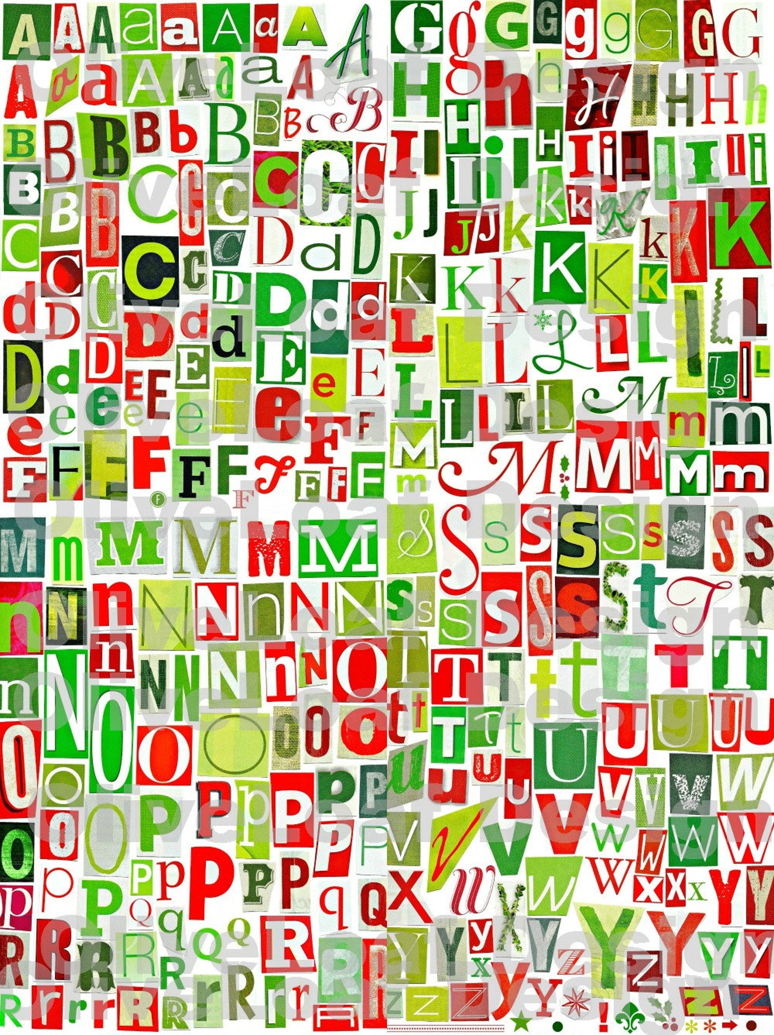 Red & Green Christmas Printable Digital Alphabet, A to Z, Magazine ...