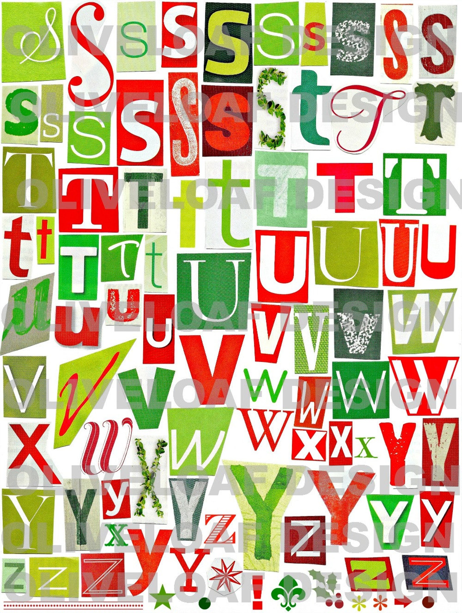 Red & Green Christmas Printable Digital Alphabet, A to Z, Magazine ...