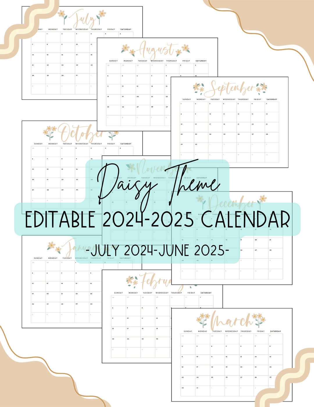 Daisy Theme July 2024-june 2025 Calendar / Floral Monthly Printable ...