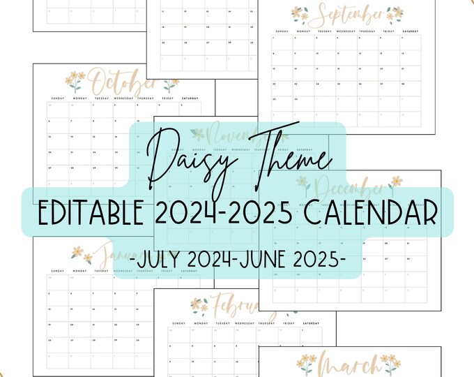Daisy Theme July 2024-june 2025 Calendar / Floral Monthly Printable ...