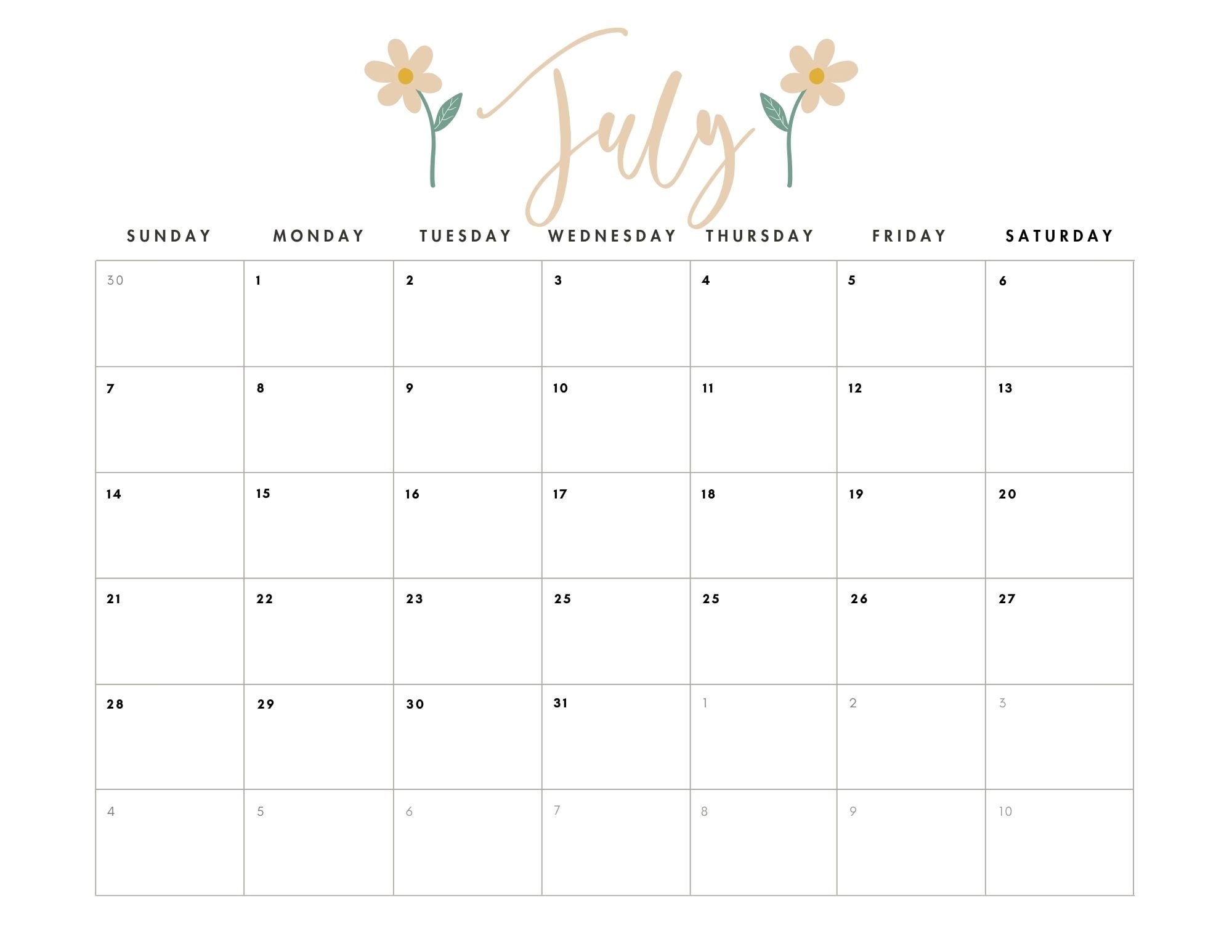 Daisy Theme July 2024-june 2025 Calendar / Floral Monthly Printable ...
