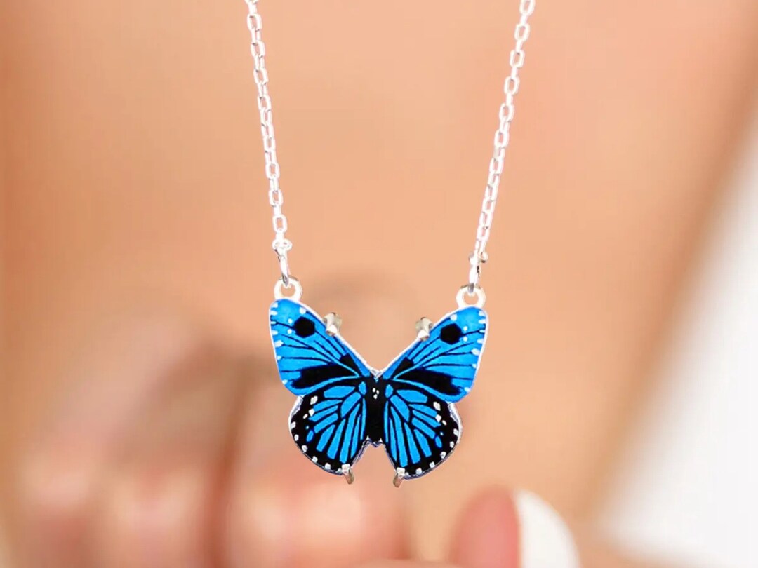 925 Sterling Silver Blue Butterfly Design Women's Necklace Elegant ...