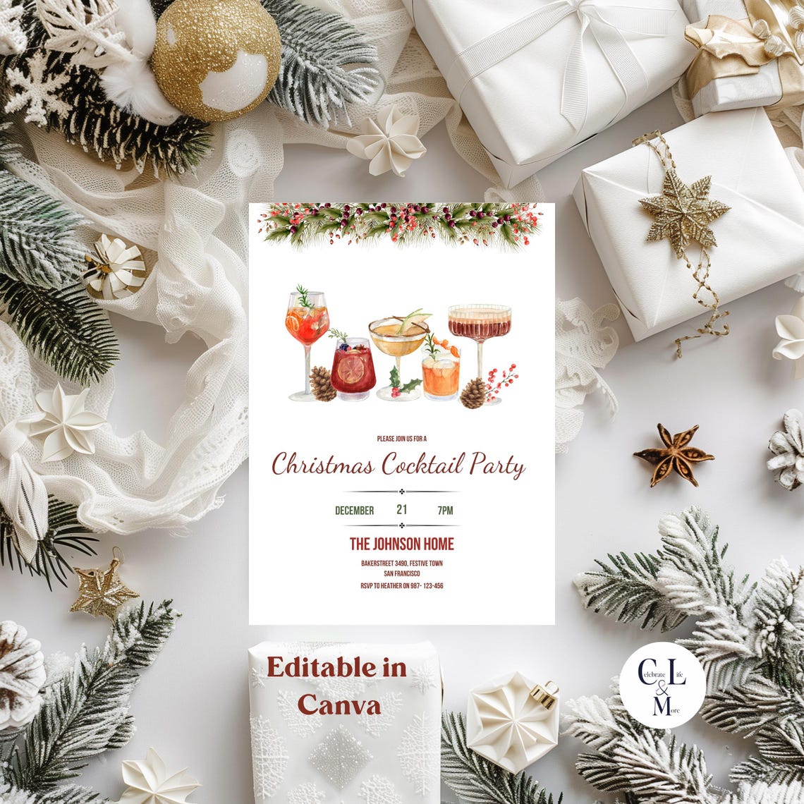 Christmas Cocktail Party Invitation, Editable Canva Design, Festive ...