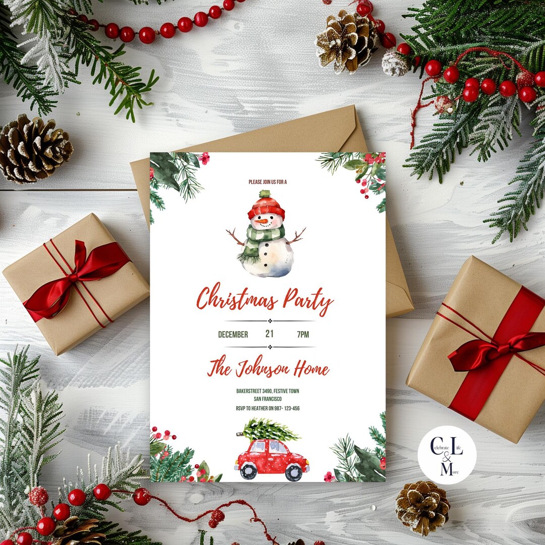 Christmas Party Invitation, Snowman Theme, Holiday Invitation ...