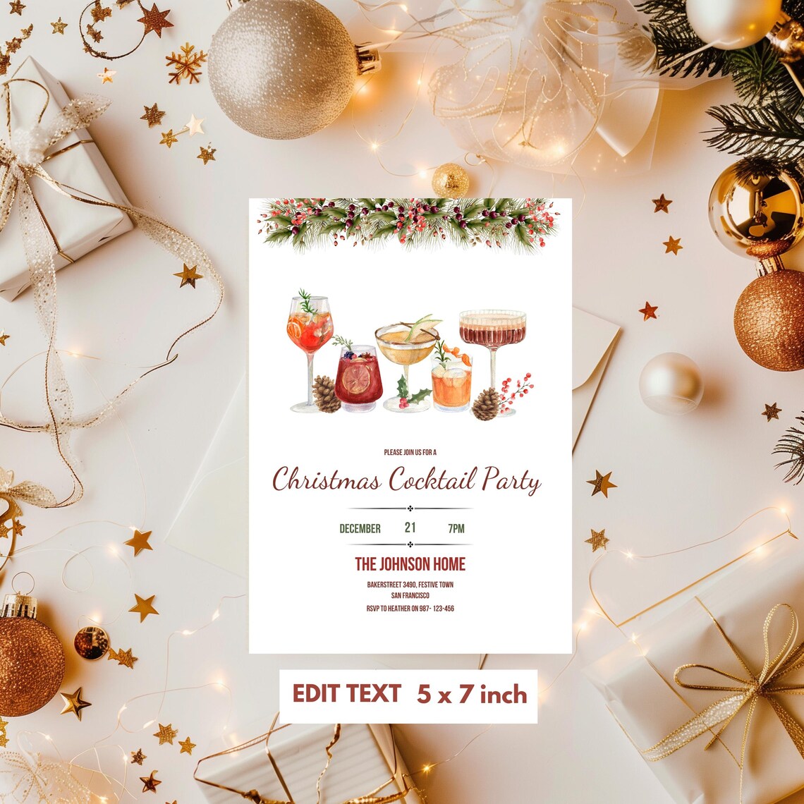 Christmas Cocktail Party Invitation, Editable Canva Design, Festive ...