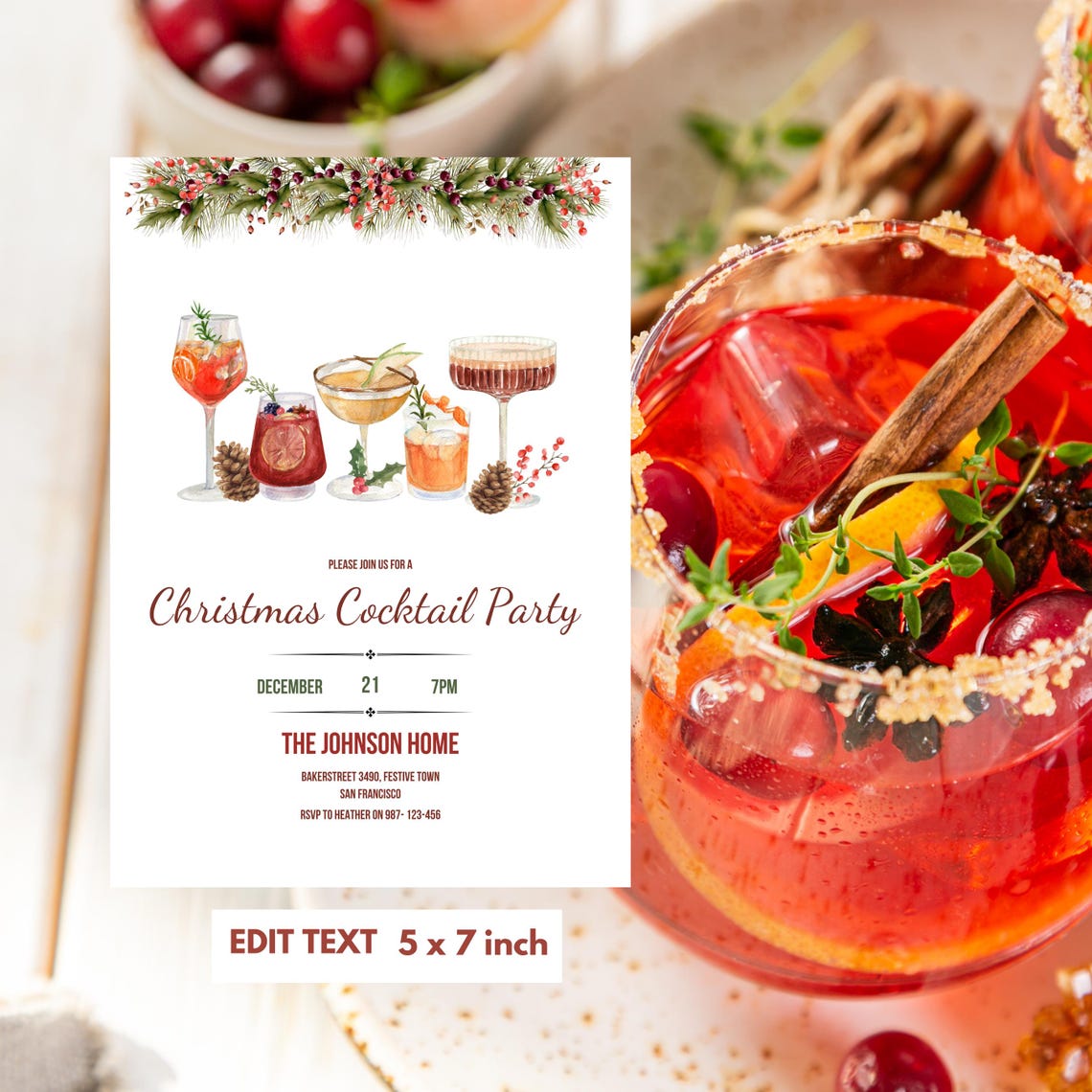 Christmas Cocktail Party Invitation, Editable Canva Design, Festive ...