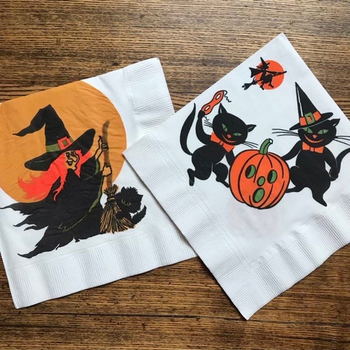 Two Vintage Halloween Square Paper Napkins. Black Spooky Cat and Witch ...