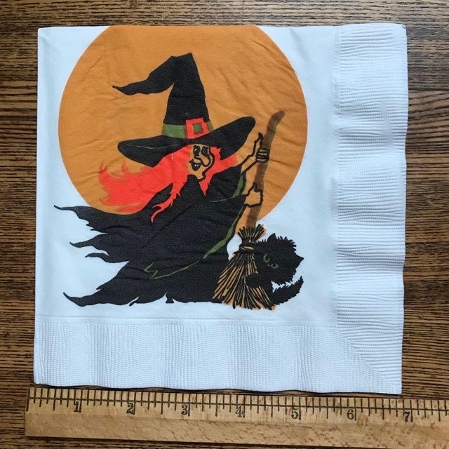 Two Vintage Halloween Square Paper Napkins. Black Spooky Cat and Witch ...