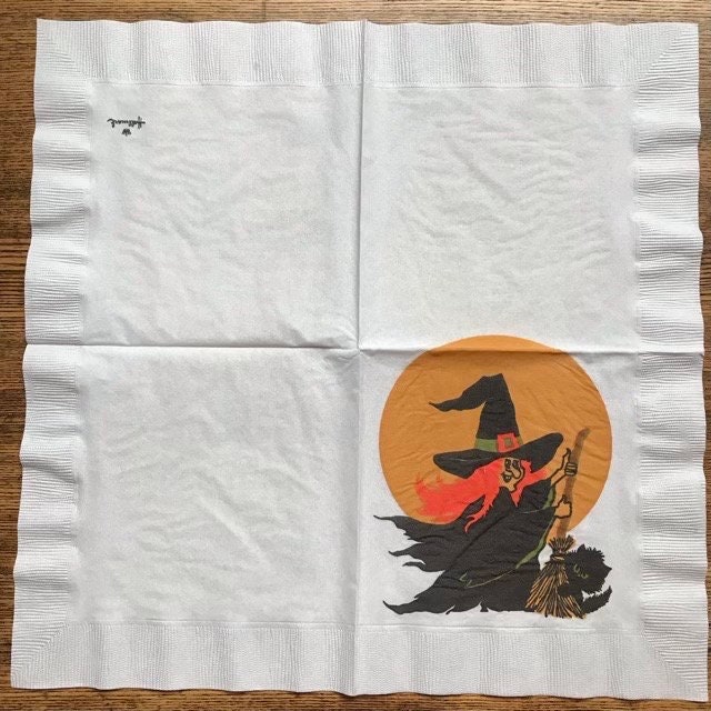 Two Vintage Halloween Square Paper Napkins. Black Spooky Cat and Witch ...