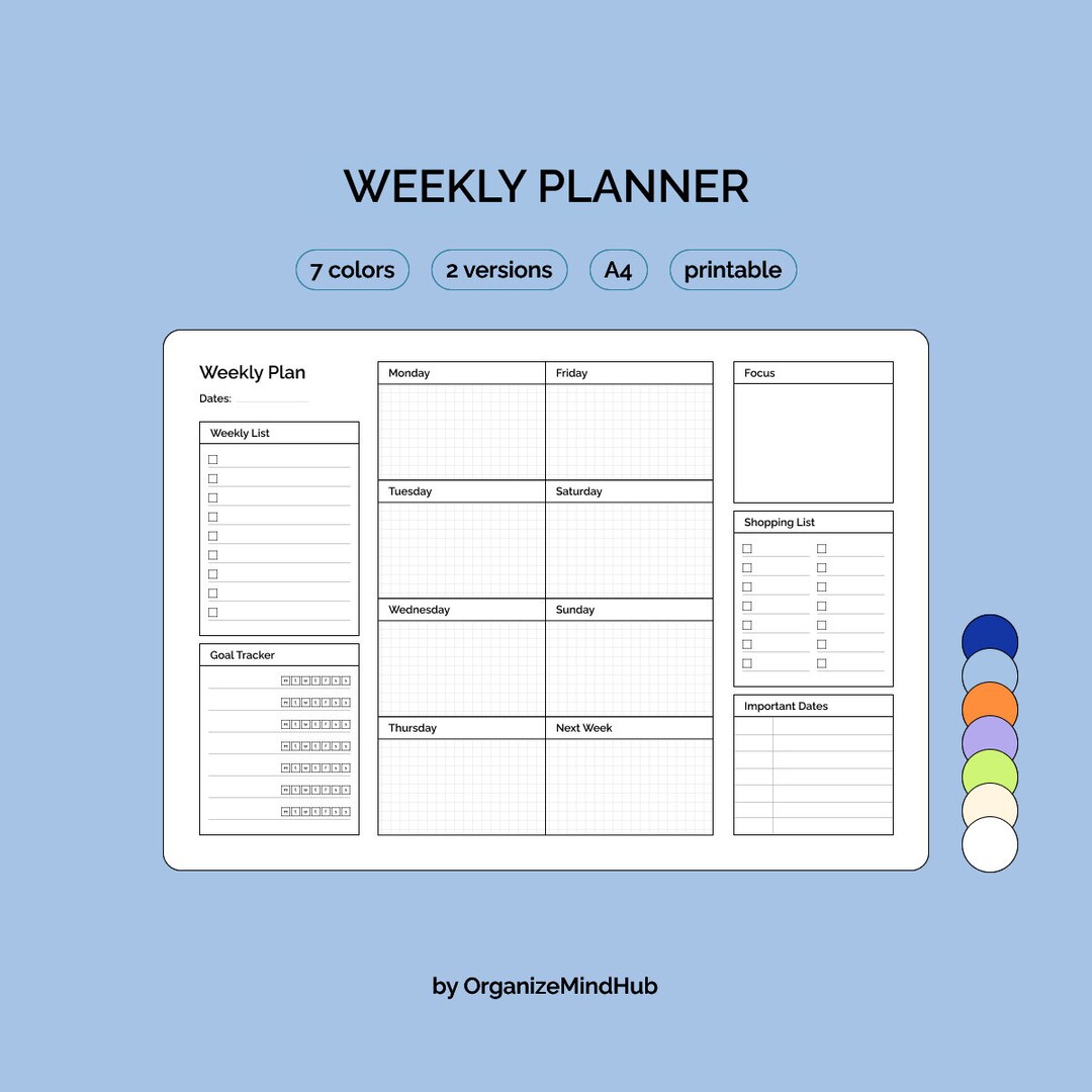 Weekly Planner Printable, Desk Planner, Office Planner, Productivity, 7 ...