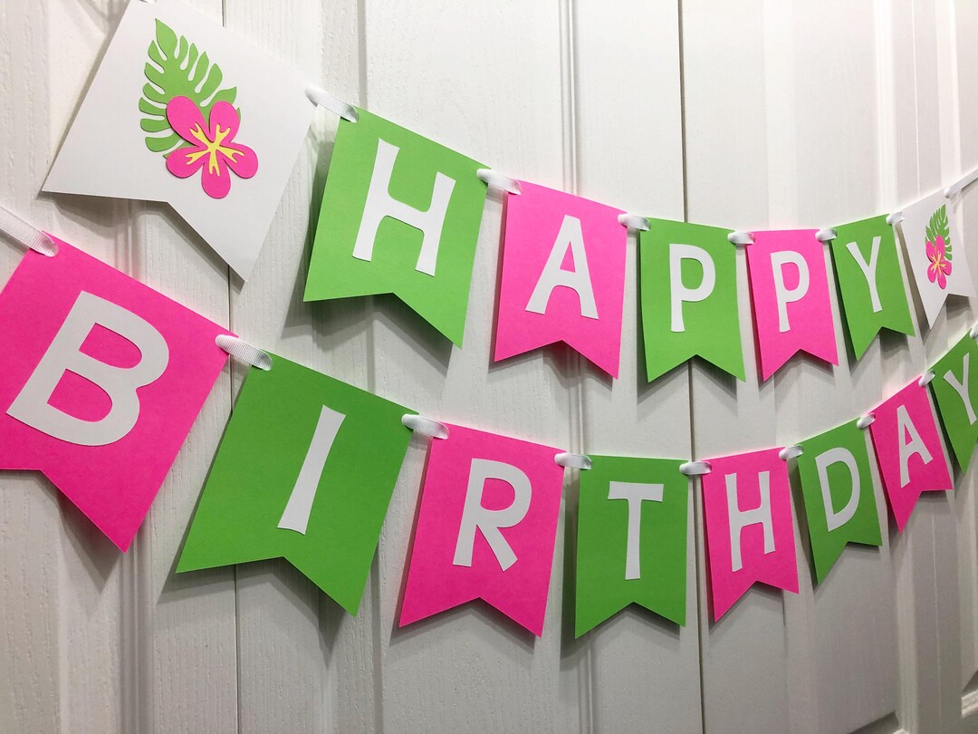 Tropical Happy Birthday Banner Party Hawaii Decor Garland Pink and ...