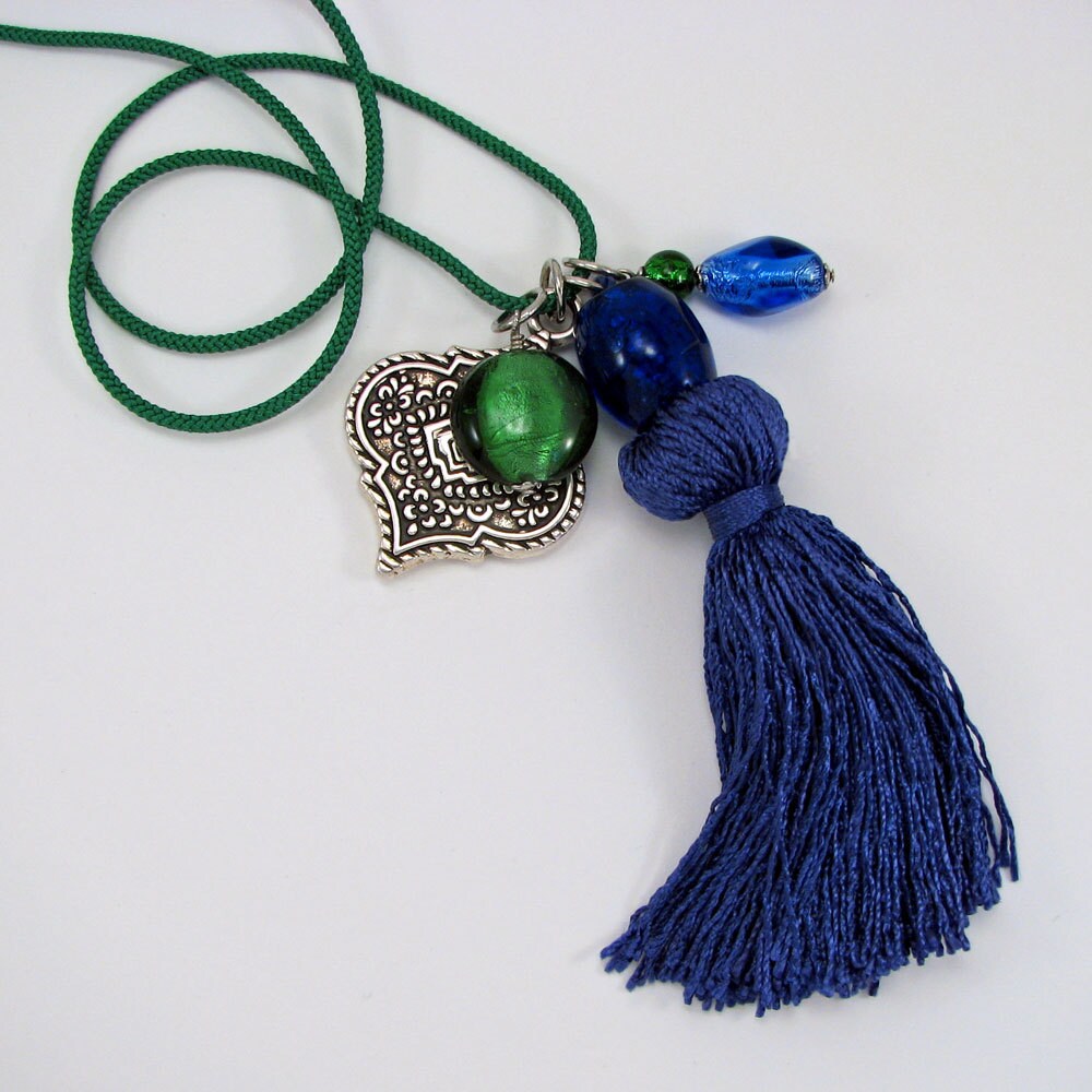 Moroccan Style Tassel Necklace in Emerald Green and Cobalt Blue - Etsy