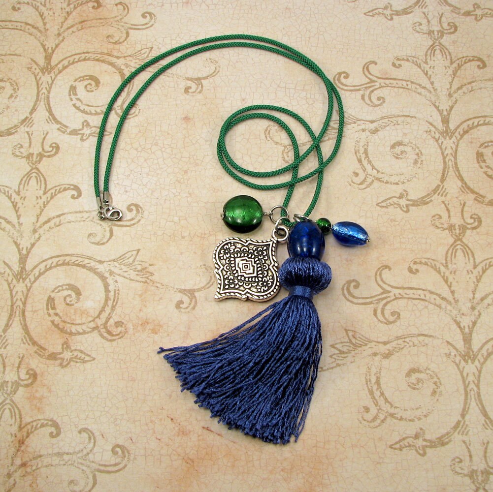 Moroccan Style Tassel Necklace in Emerald Green and Cobalt Blue - Etsy
