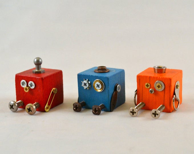 BLUE BLOCKHEAD, Assemblage Art Recycled Robot Sculpture - Etsy