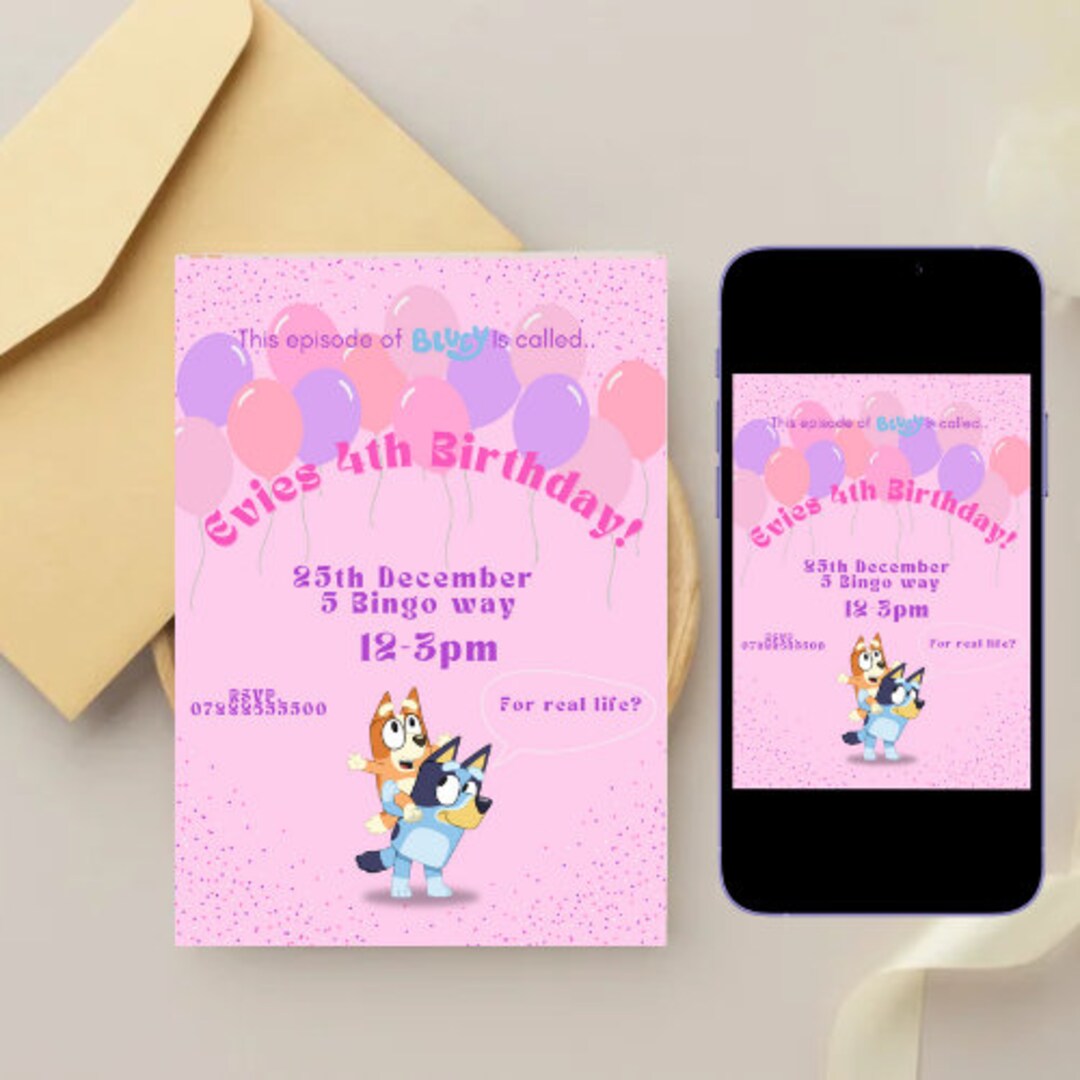 Editable Pink Bluey Digital Birthday Invitation - Download Printable ...