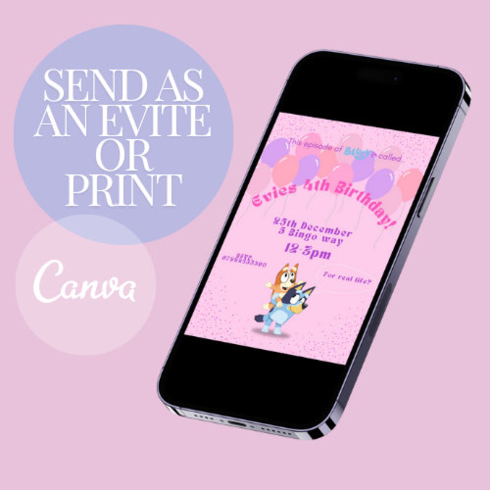 Editable Pink Bluey Digital Birthday Invitation Download Printable ...