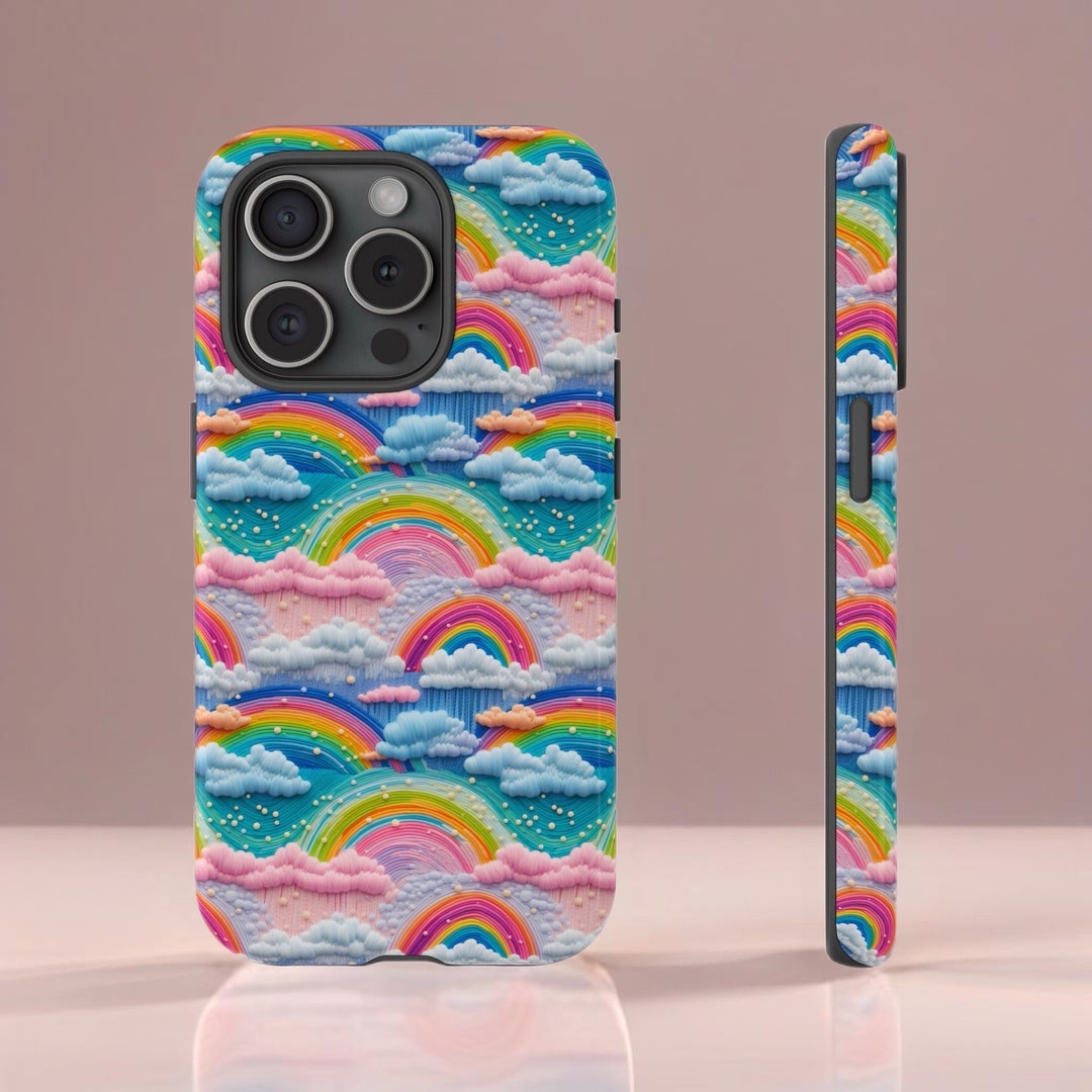 Rainbow Burst Vibrant Faux Embroidery Phone Case Prismatic Clouds Phone ...