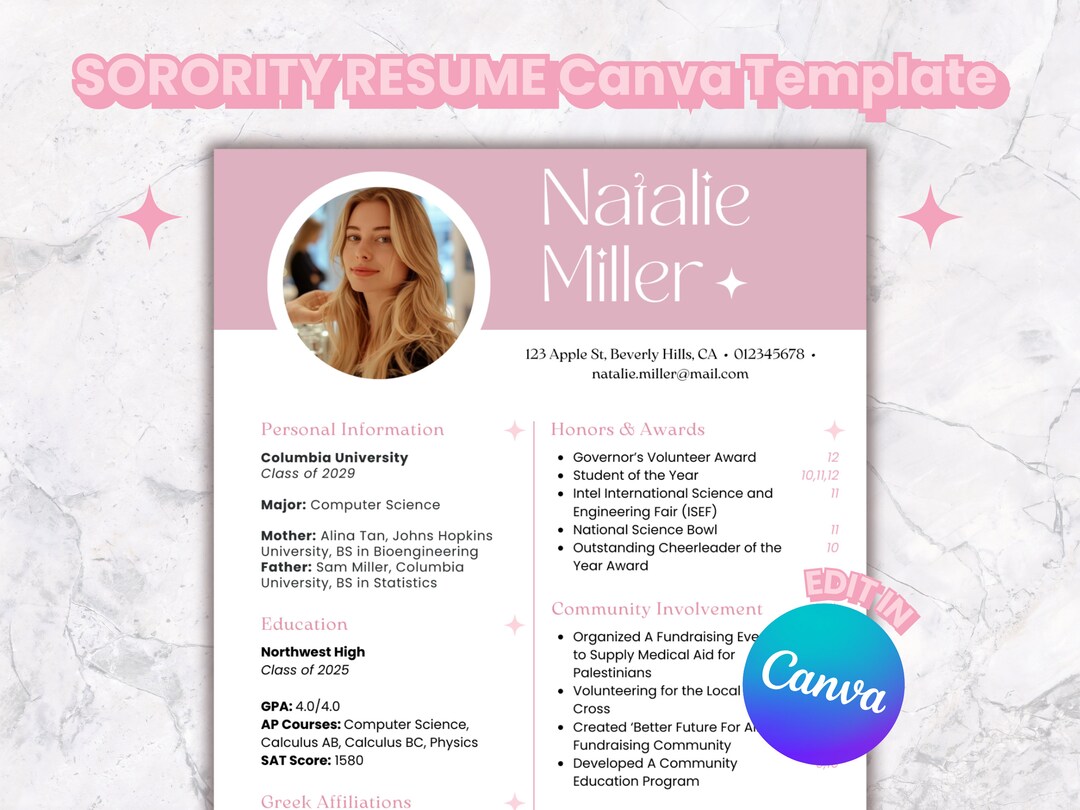 Sorority Resume Canva Template for Rush Week! Pink, Purple ...