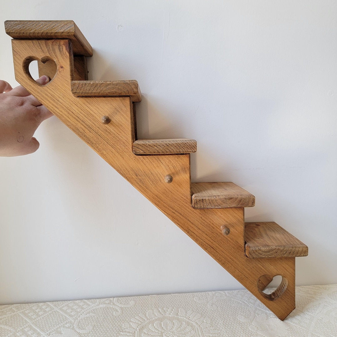 Vintage Wood Staircase Shelf Wall Display With Pegs and Heart Cutouts ...