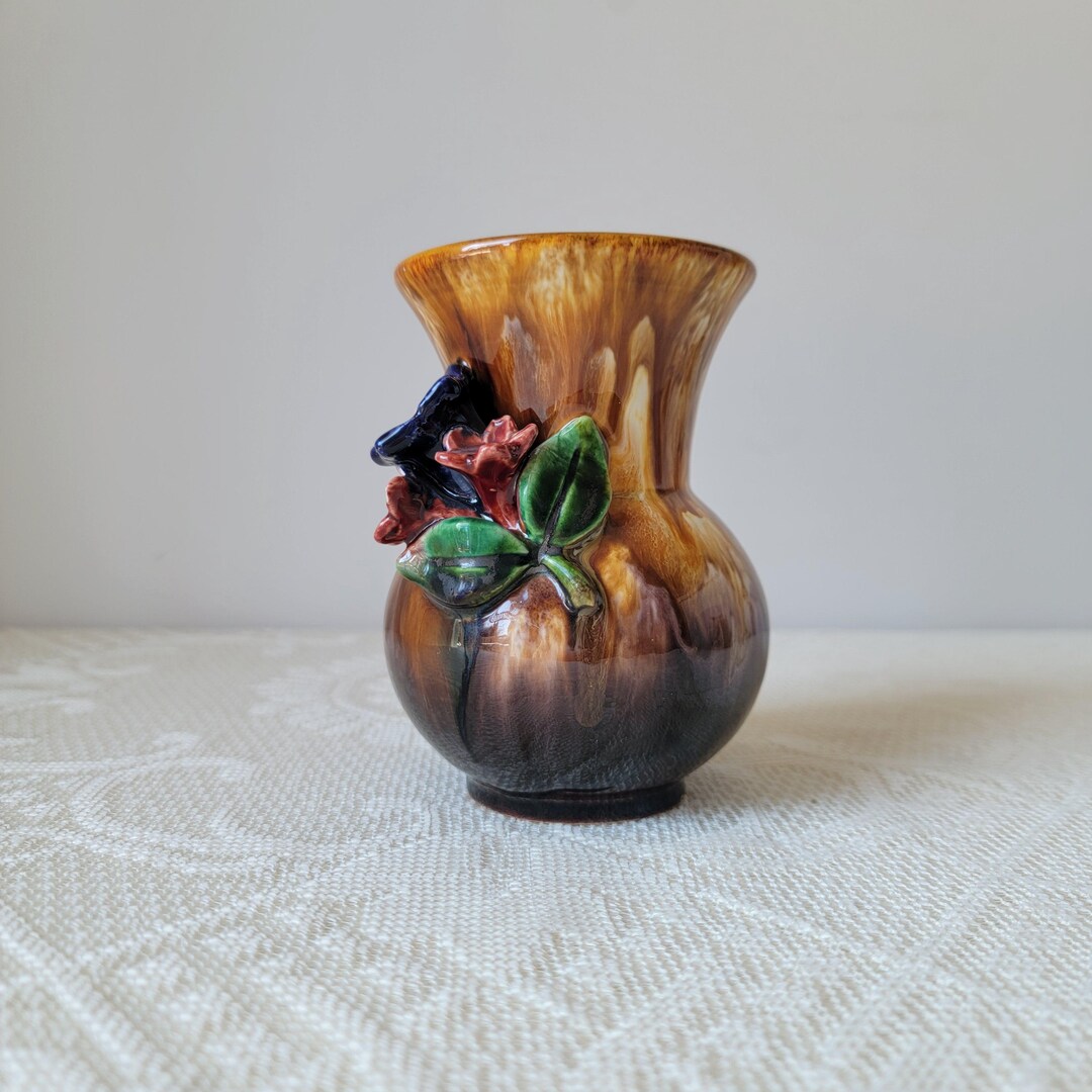 Vintage Brown Floral Bouquet Small Ceramic Vase, Stamped St. Peter Graz ...