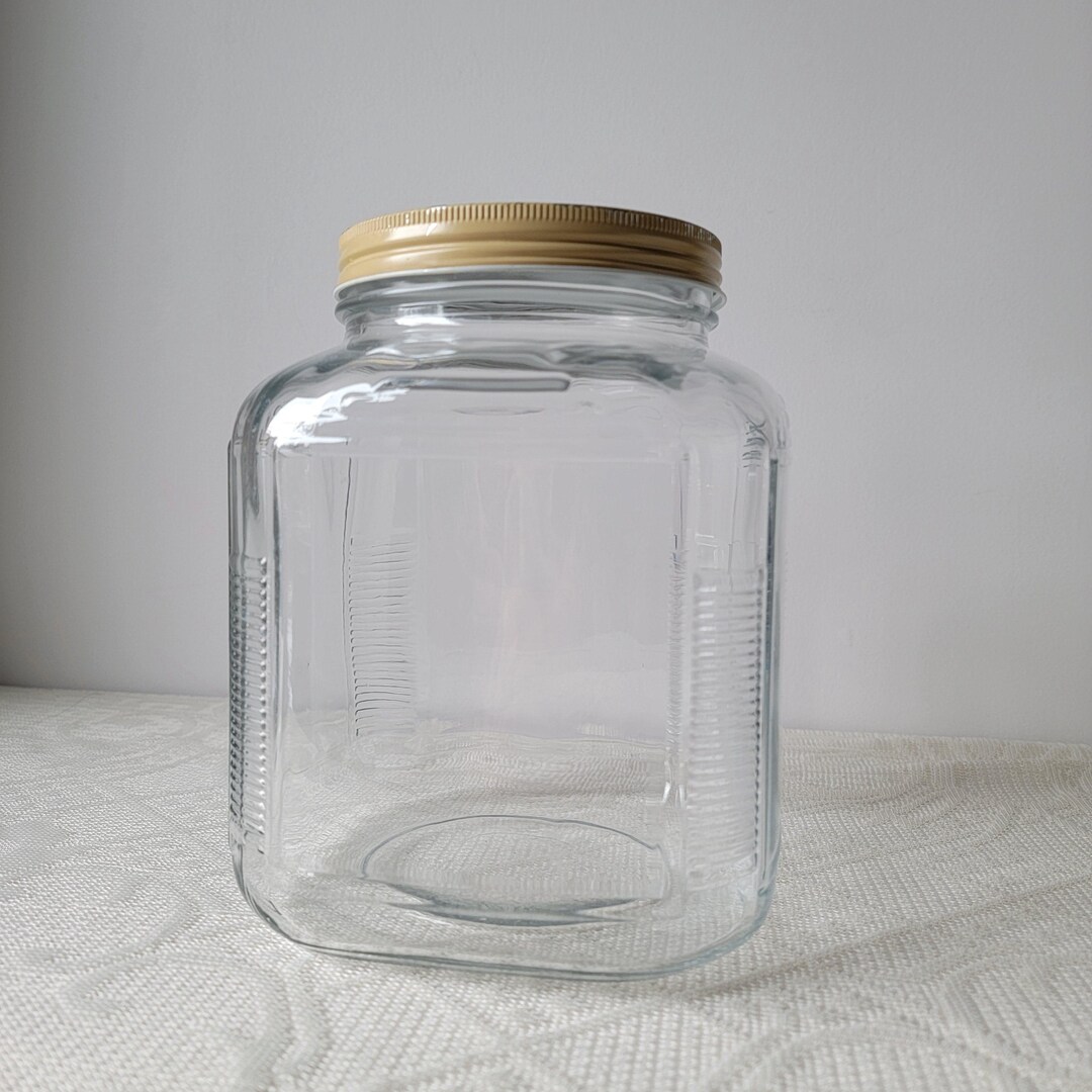 Vintage Large Glass Jar, Ribbed Rounded Corners, Beige Metal Lid - Etsy