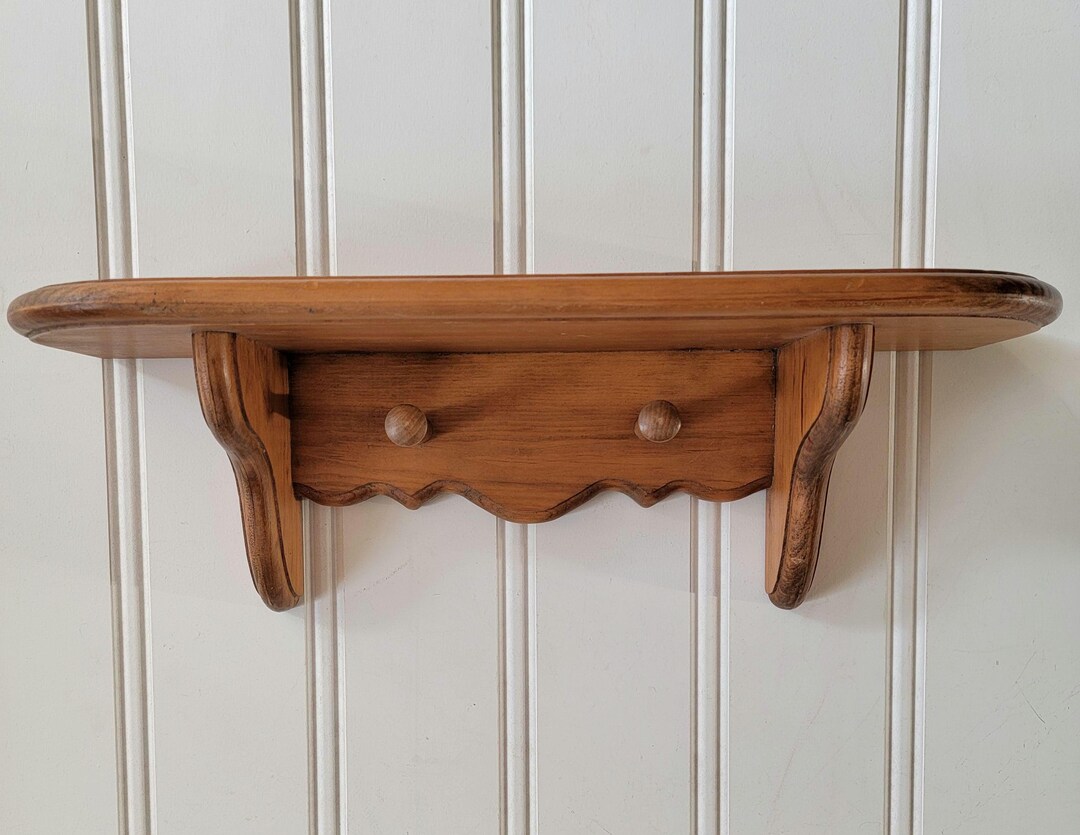 Vtg Wood Shelf With 2 Wood Peg Hooks, Cutout for Plates, Wall Mounted ...