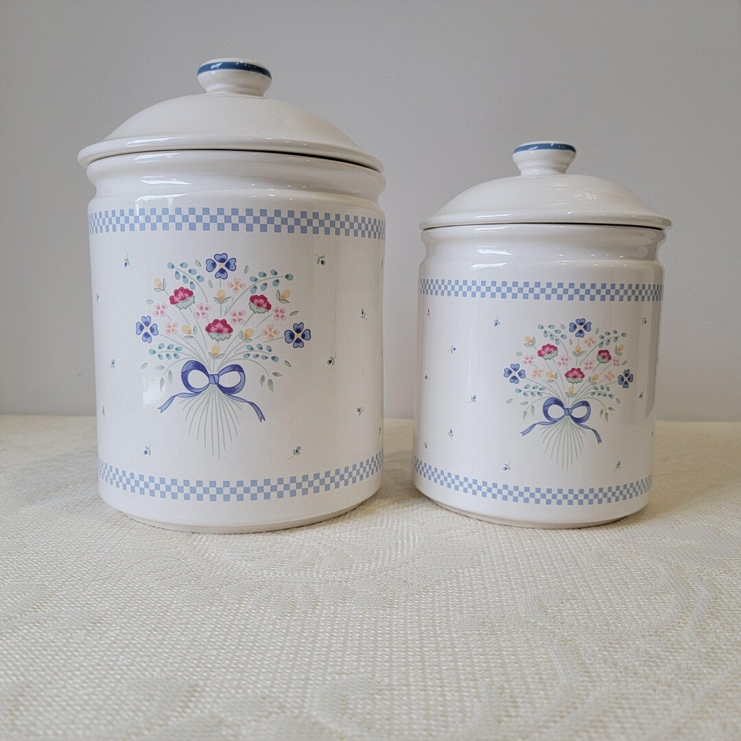 Set of 2 Vtg Blue Floral Canisters, Container Set, Countertop Jars ...
