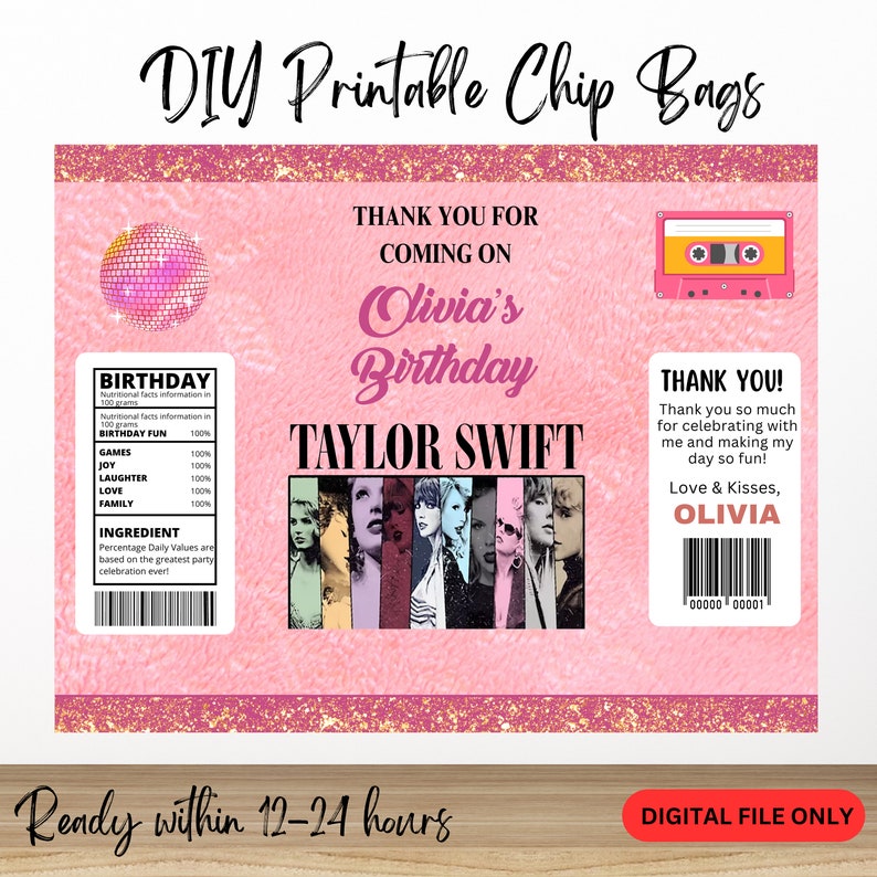 Taylor Swift Chip Bags, Labels for Birthday Party Printable DIGITAL ...