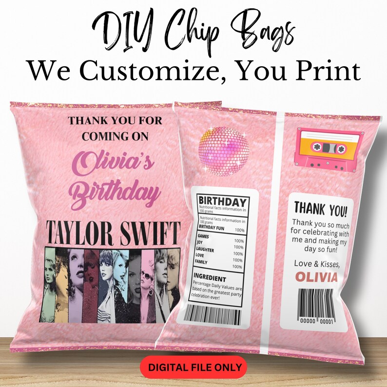 Taylor Swift Chip Bags, Labels for Birthday Party Printable DIGITAL ...