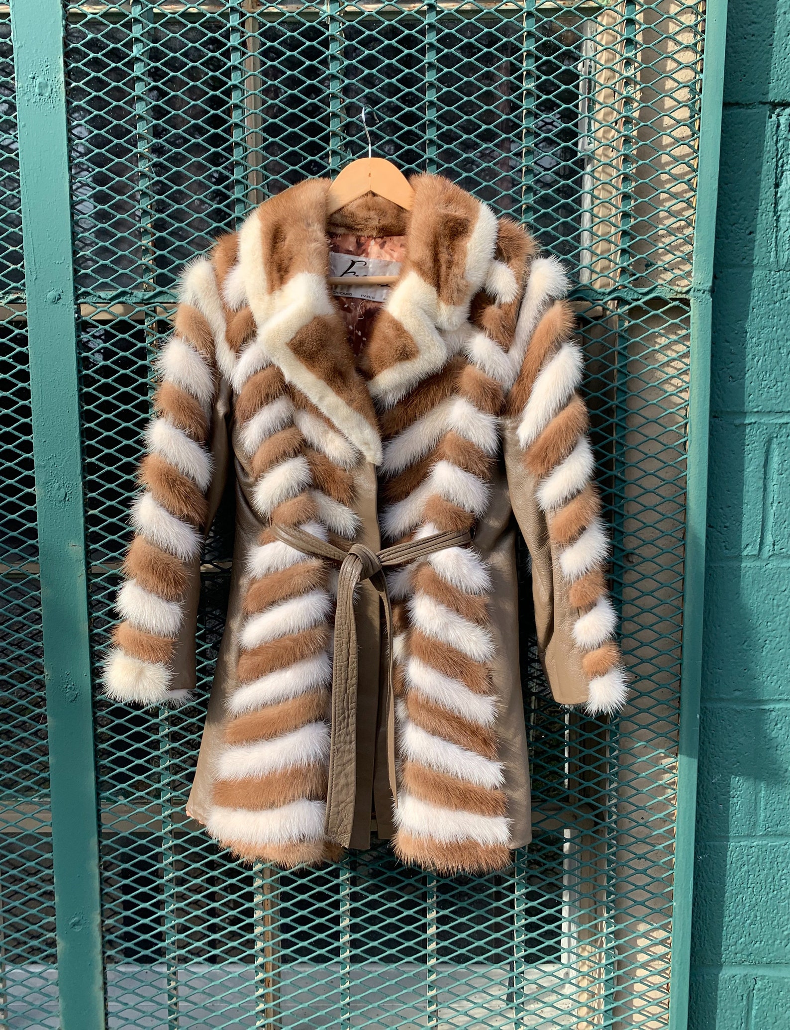 70s 80s Chevron Mink Fur & Leather Belted Coat - Etsy