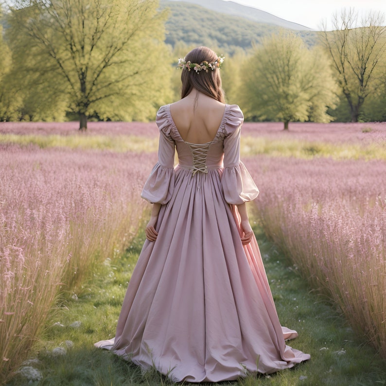 Medieval Princess Viking Costume Elegant Pink Gown With Puff Sleeves ...