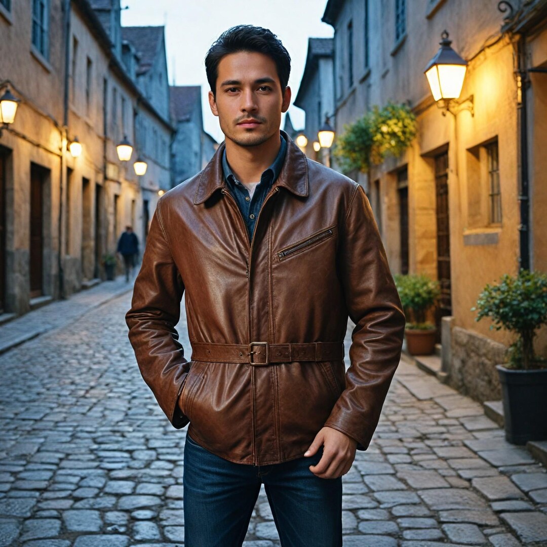 Belted Brown Leather Jacket for Men Vintage-inspired Genuine Leather ...