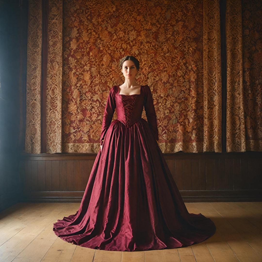 Vintage Medieval Noblewoman Dress | Elegant Burgundy Lace-up Gown ...