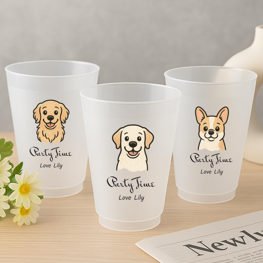 Personalized Dog Party Cups – Custom Frosted Cups With Cute Cartoon ...
