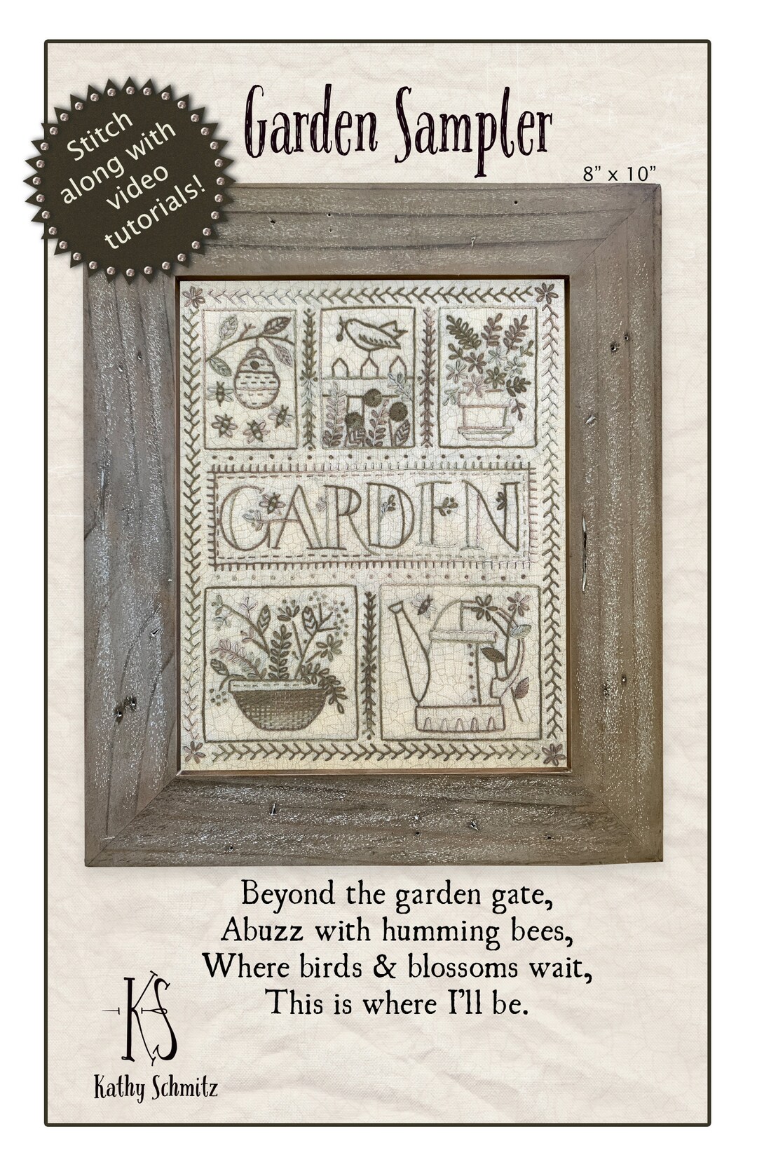 Garden Sampler Embroidery Pattern Watering Can, Flowers, Bee Hive, Bird ...