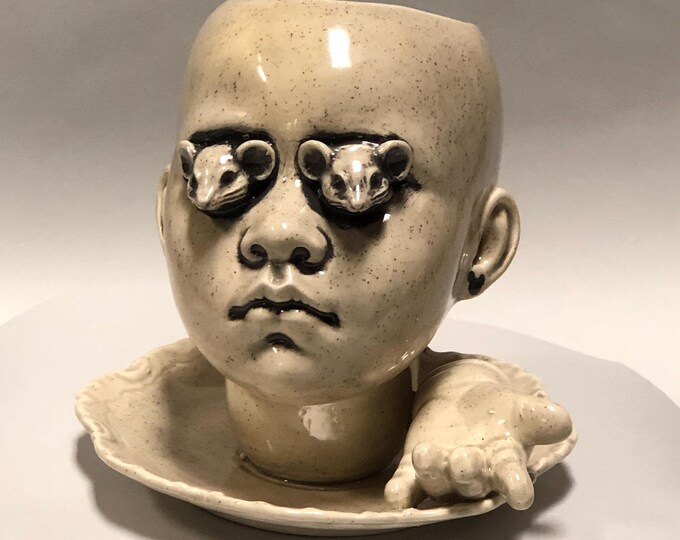 Grey Ceramic Doll Head Planter With Mice Etsy