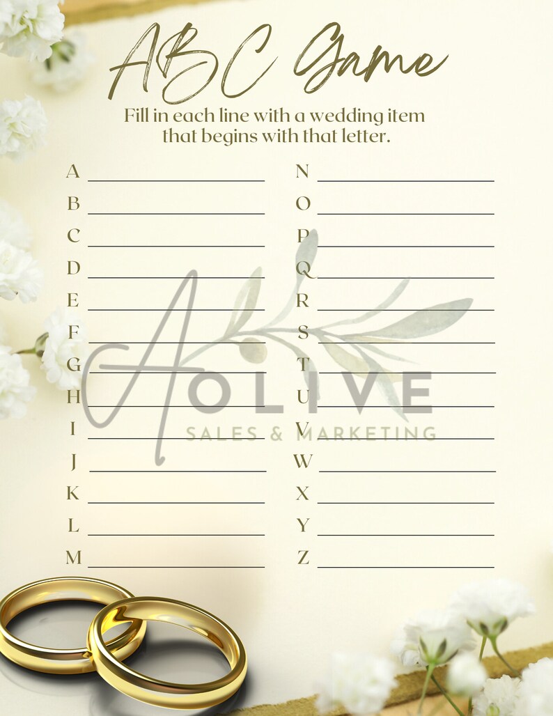 ABC Wedding Items Game - Fun Bridal Shower or Bachelorette Party ...