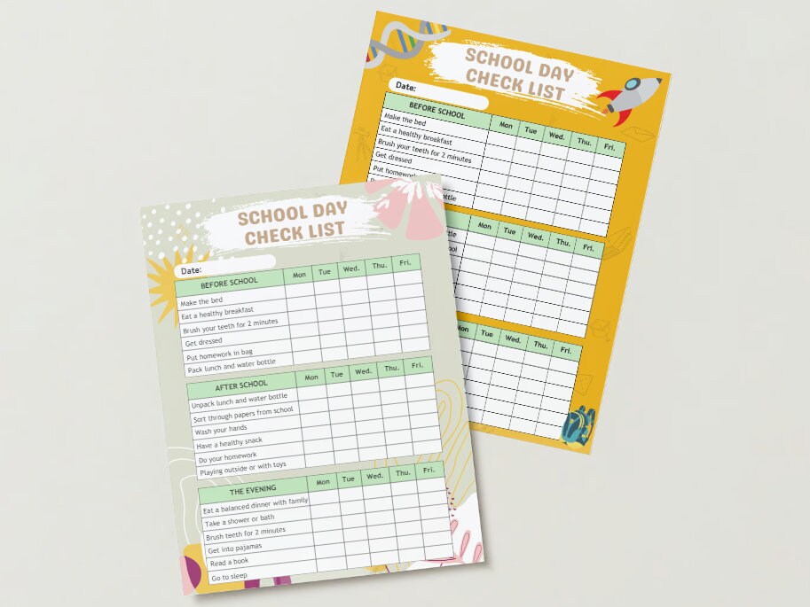 Printable School Day Checklist for Kids | Daily Routine Chart | Monday ...
