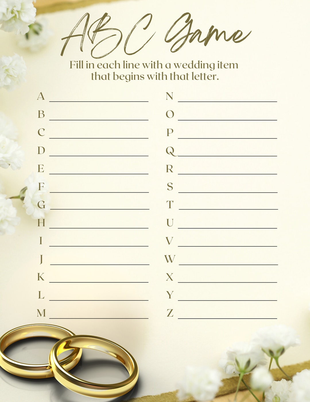 ABC Wedding Items Game Fun Bridal Shower or Bachelorette Party Activity ...