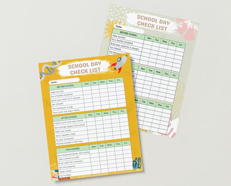 Printable School Day Checklist for Kids | Daily Routine Chart | Monday ...