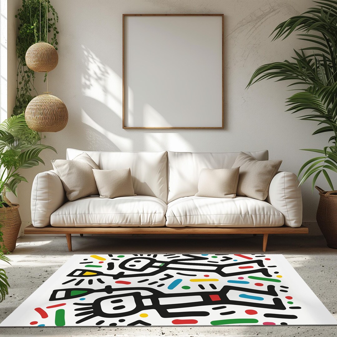 Colorful Cartoon Stick Figure Pattern Area Rug for Living Room Fun and ...
