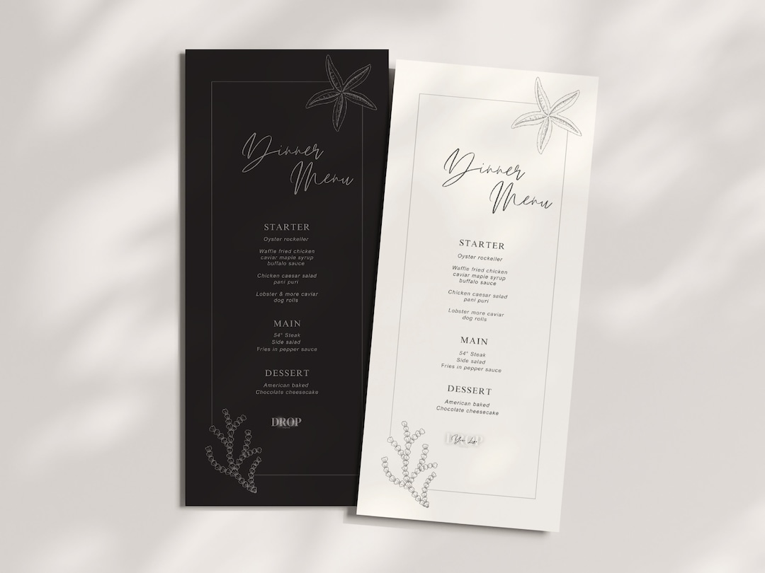 Coral Menu Template, Fine Dining Menu Cards, Dinner Party Printable ...